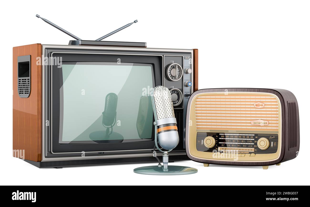 Retro old TV set, radio receiver and microphone. Broadcasting concept ...
