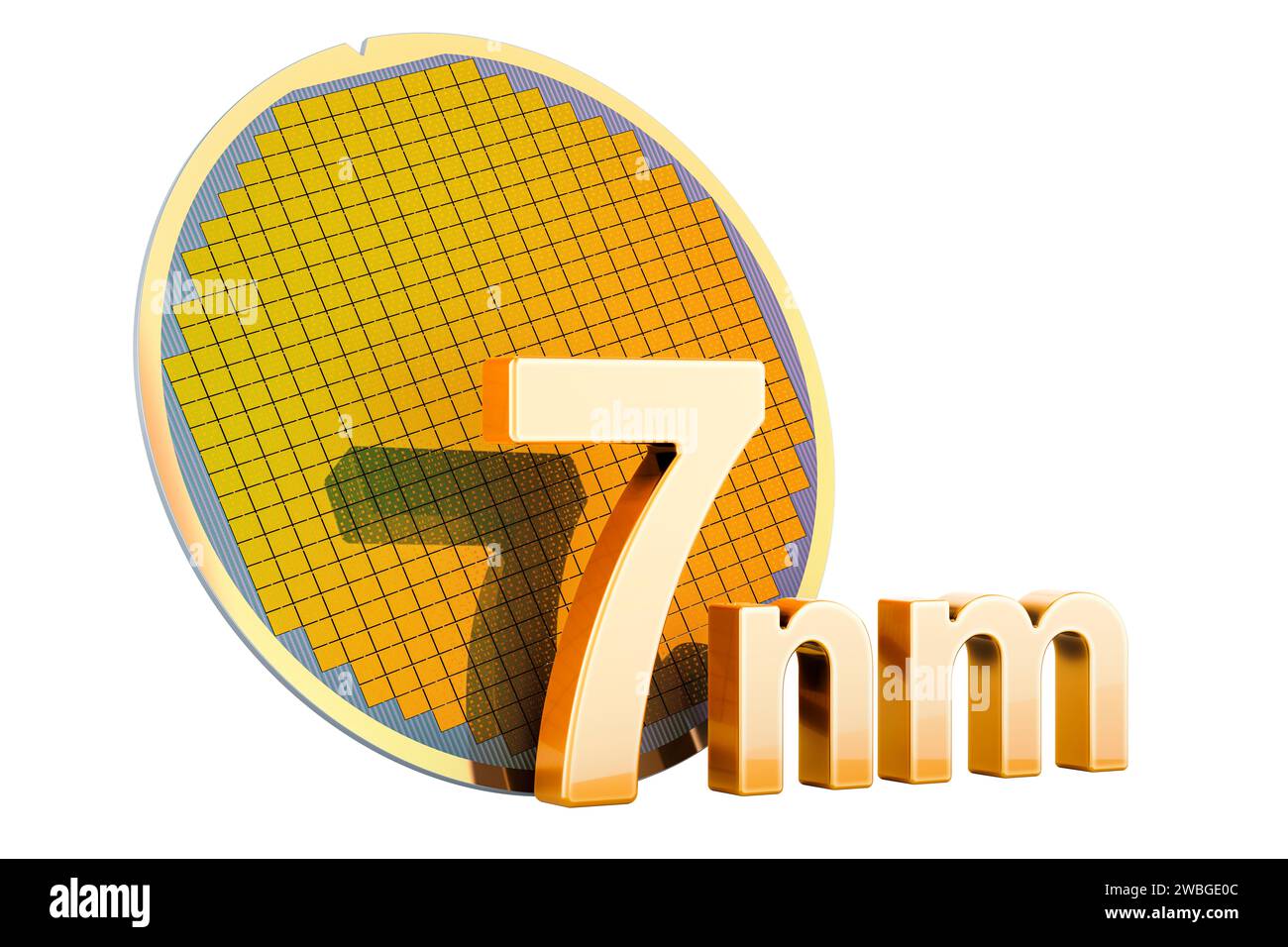 Silicon Wafer with Processor Cores, 7 nm size. 3D rendering isolated on ...