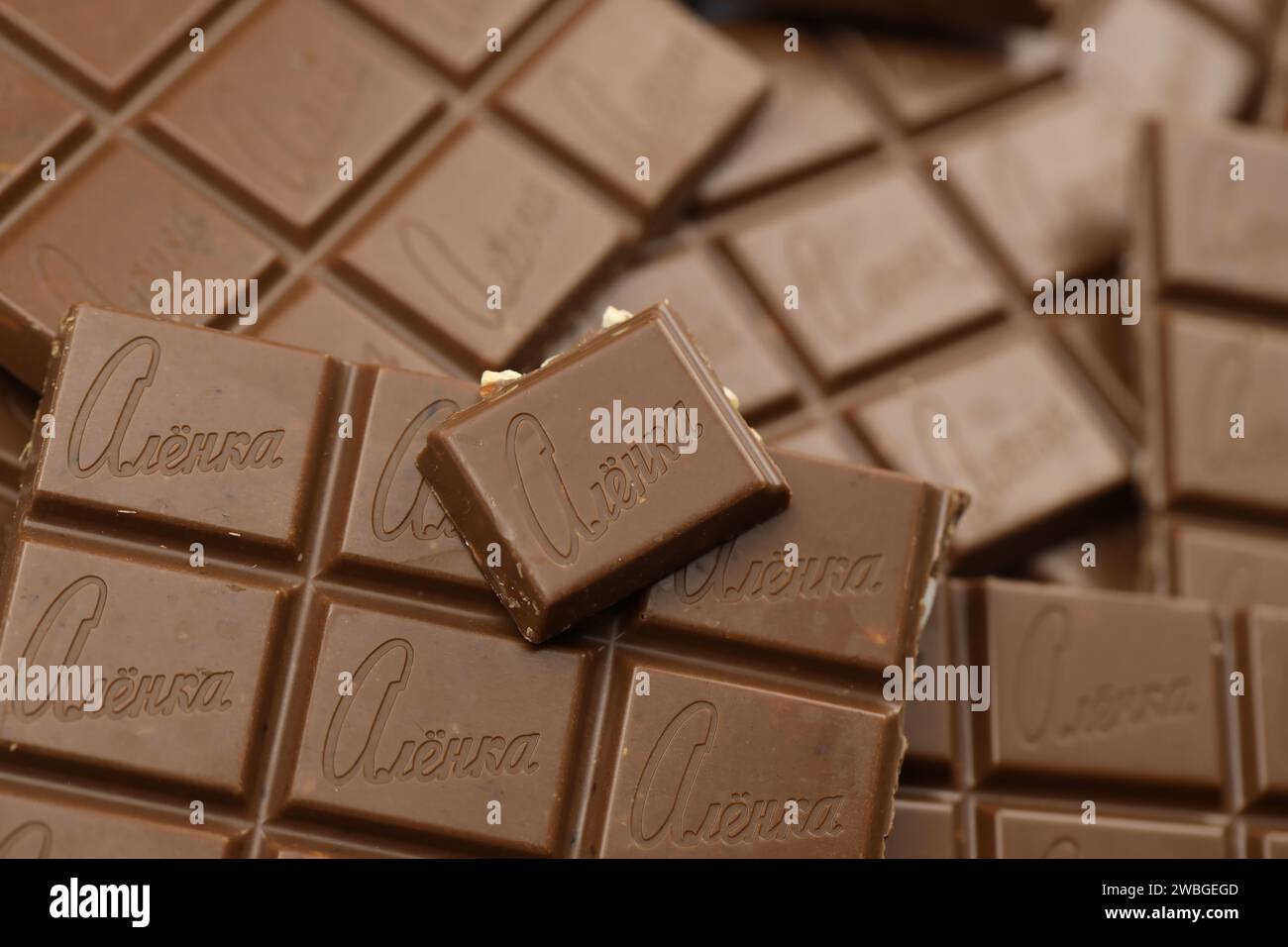 KHARKIV, UKRAINE - JANUARY 27, 2021 Alyonka chocolate square bars ...
