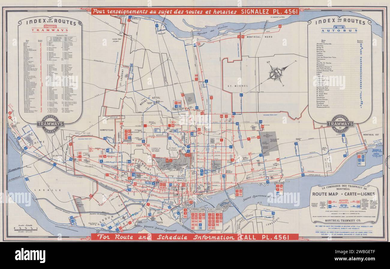 montreal tram route maps late 1940s Stock Photo - Alamy