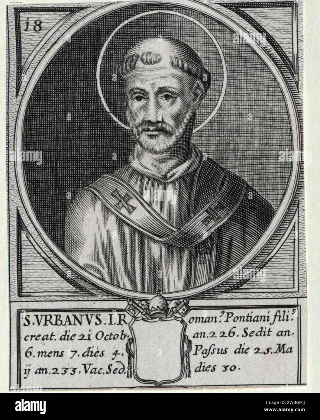 A 17th Century engraving of Pope Urban I who was pontiff from AD22 to ...