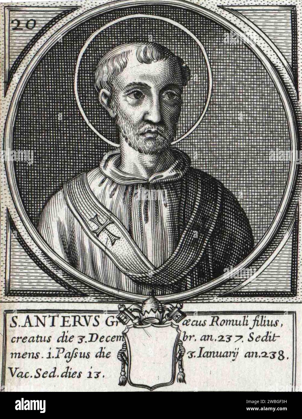 17th century engraving of Pope Anterus. Pope Anterus was pontiff from ...
