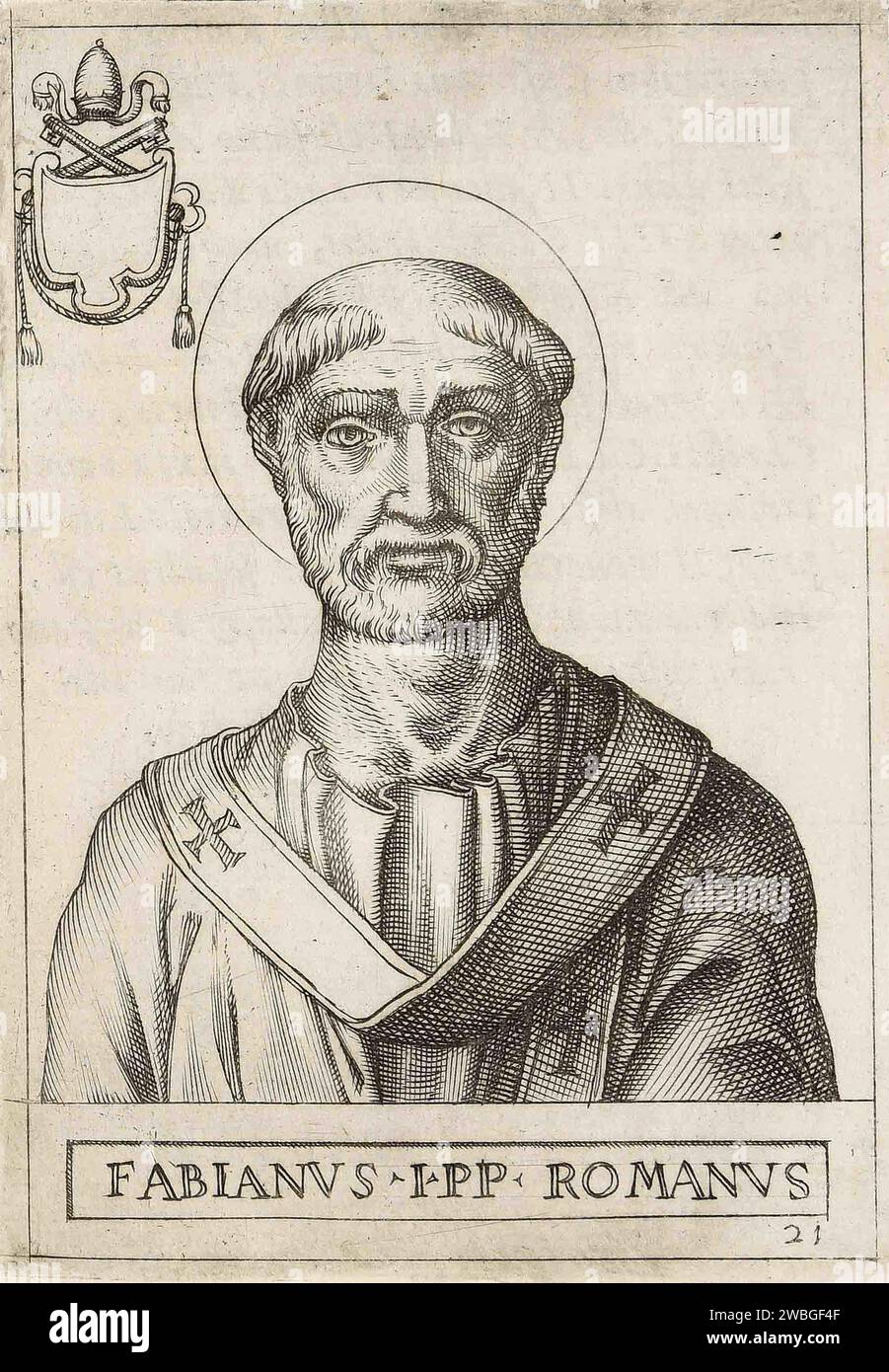 An 1580 engraving of Pope Fabian who was pontiff from AD236-AD250. He ...