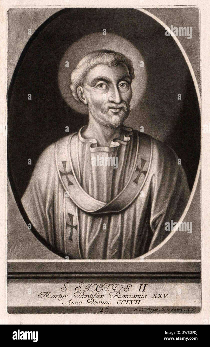 A 17th Century engraving of Pope Sixtus II, who was was pontiff from ...