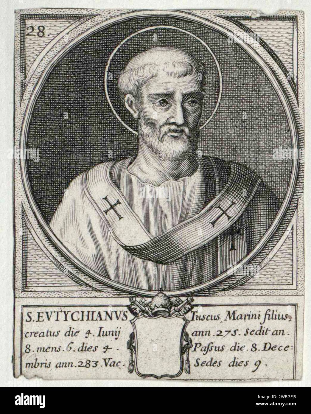 An 17th Century engraving of Pope Eutychian who was pontiff from AD274 ...