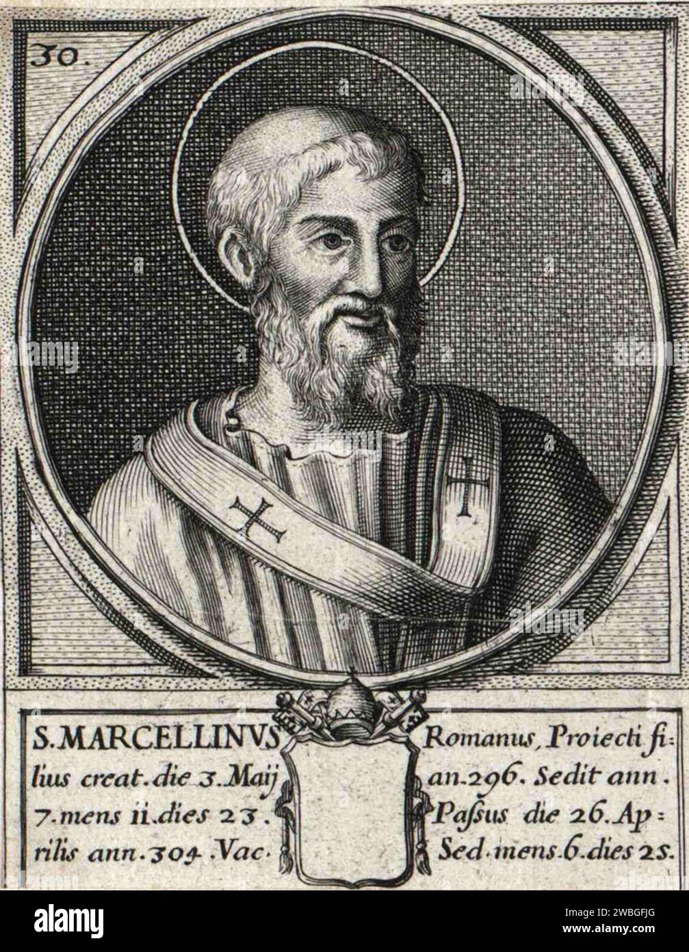 A 17th Century engraving of Pope Marcellinus who was pontiff from AD296 ...