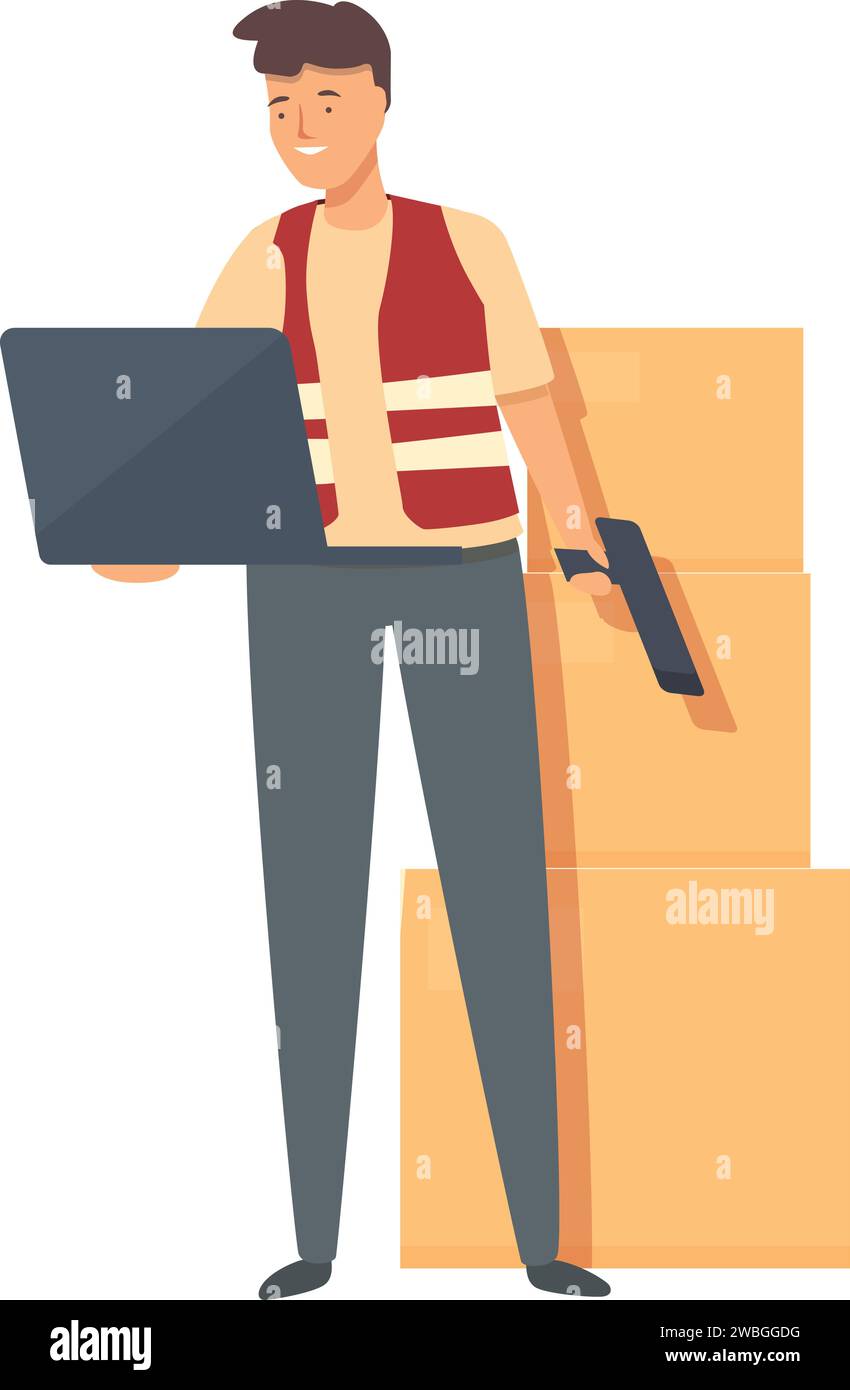 Storekeeper laptop box check icon cartoon vector. Deliver laborer ...