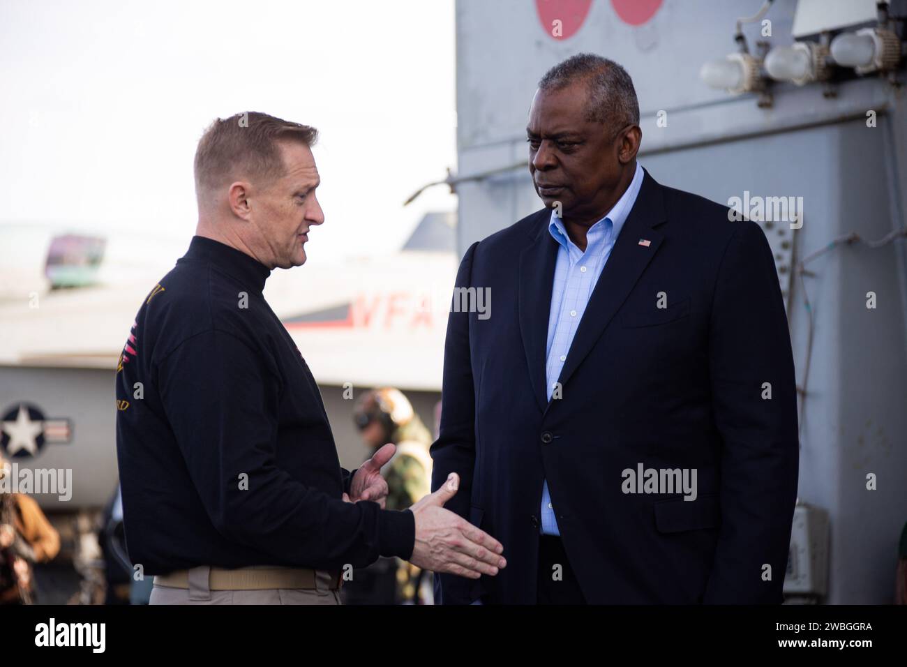 U.S. Secretary of Defense Lloyd J. Austin III, left, concludes a tour ...
