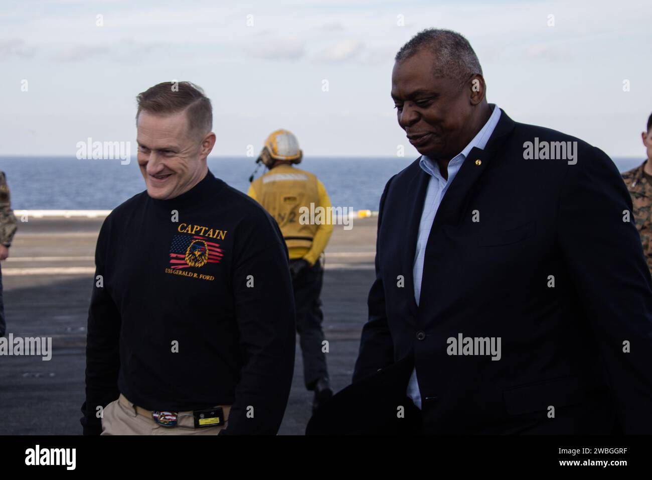 U.S. Secretary of Defense Lloyd J. Austin III, left, tours the flight ...