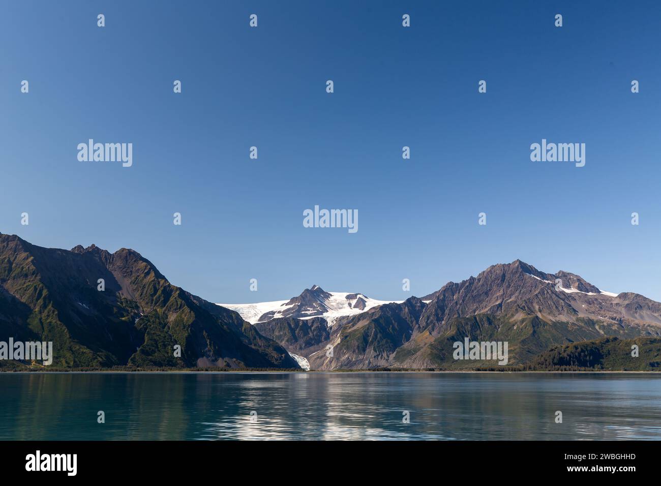 Large Glacier flows down a steep mountain valley and meets the sea ...