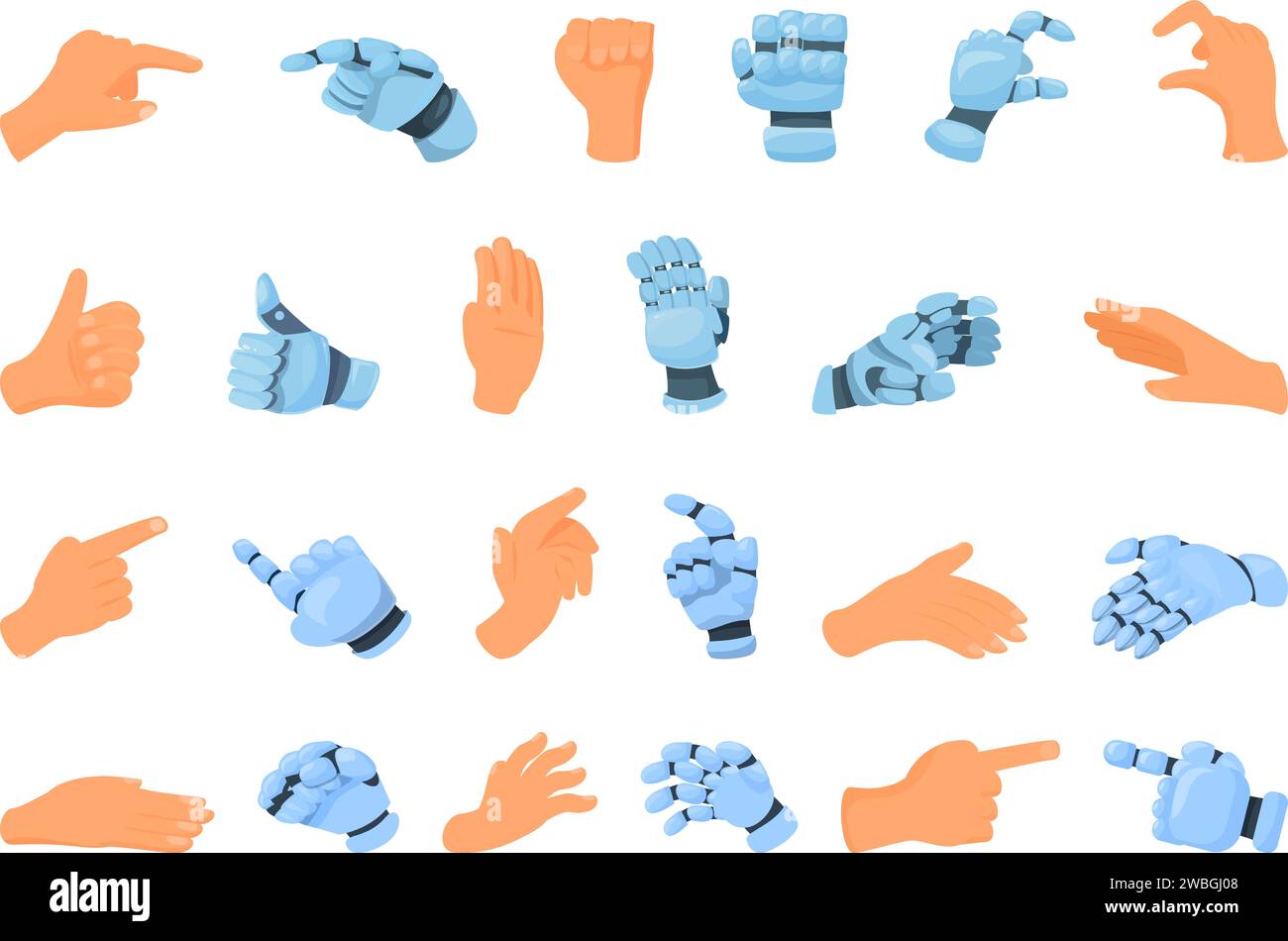Robot touch human icons set cartoon vector. Cyborg finger. Connection ...