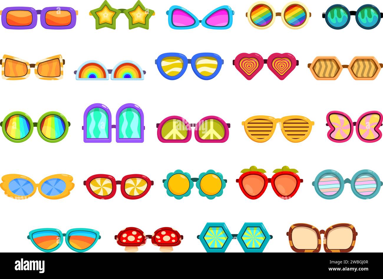 Groovy sunglasses icons set cartoon vector. Star funky. Shape fashion ...