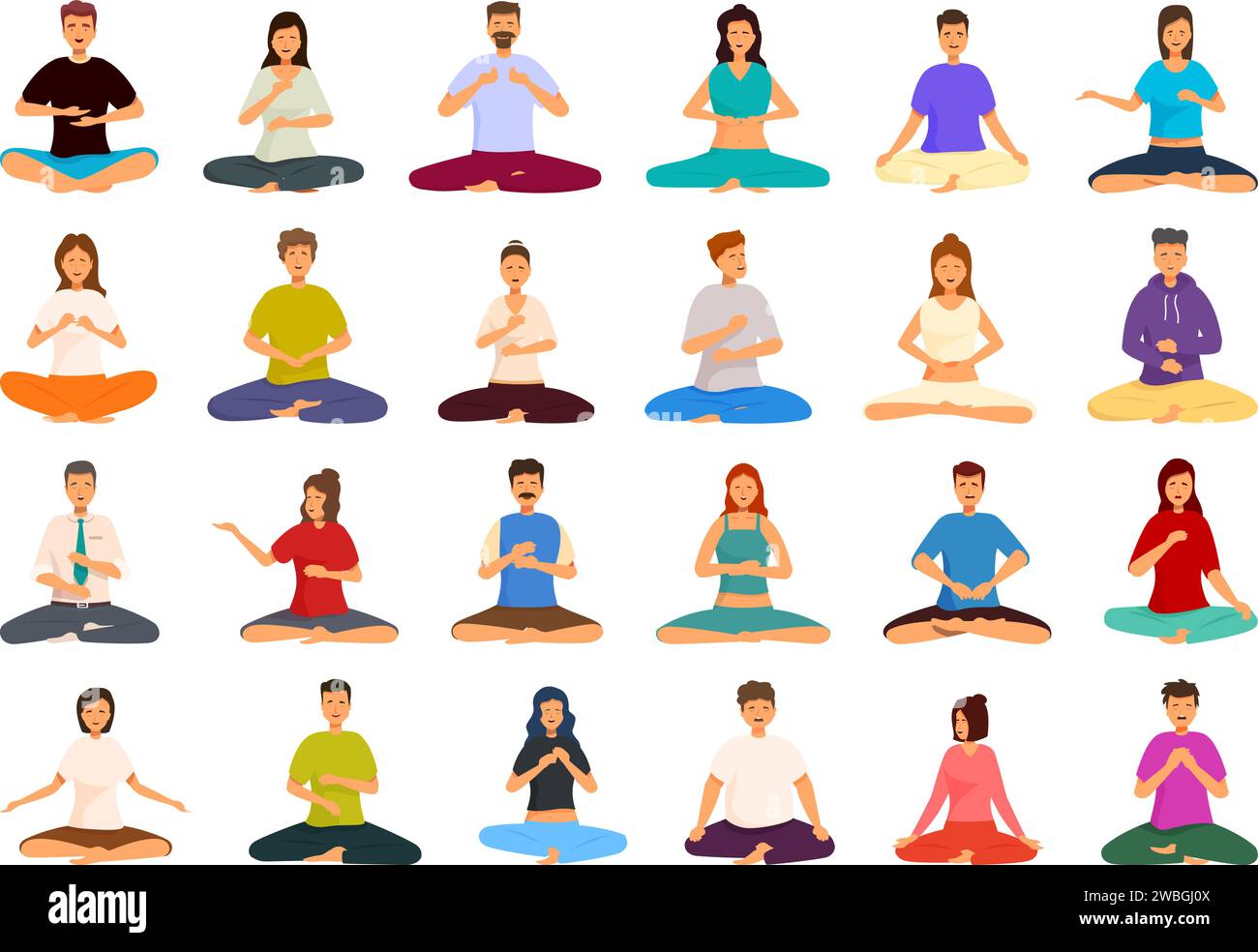 Deep breath icons set cartoon vector. Men relaxation. Respiration pose ...