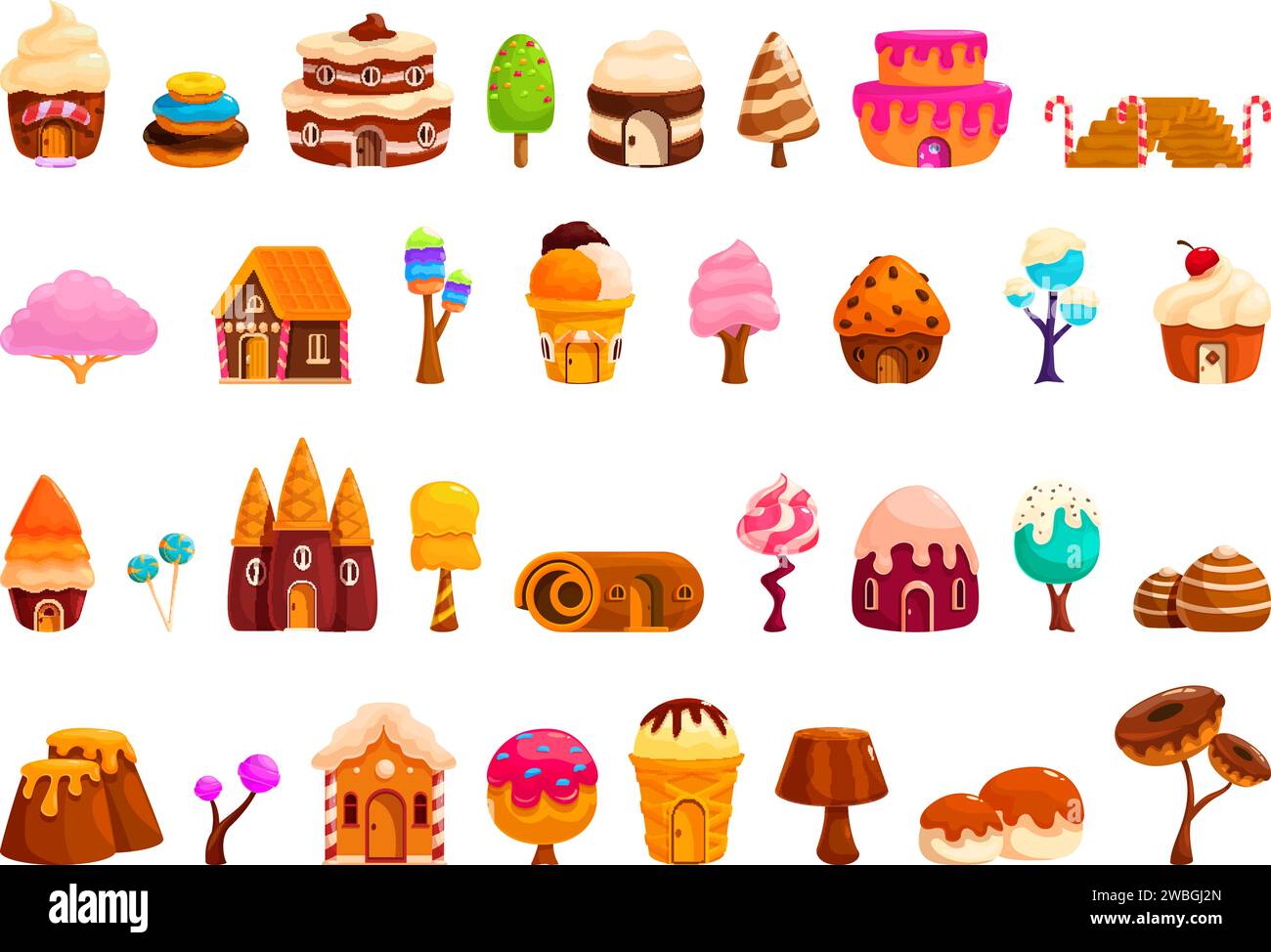 Candy land icons set cartoon vector. Sweet house. Castle jelly tree ...