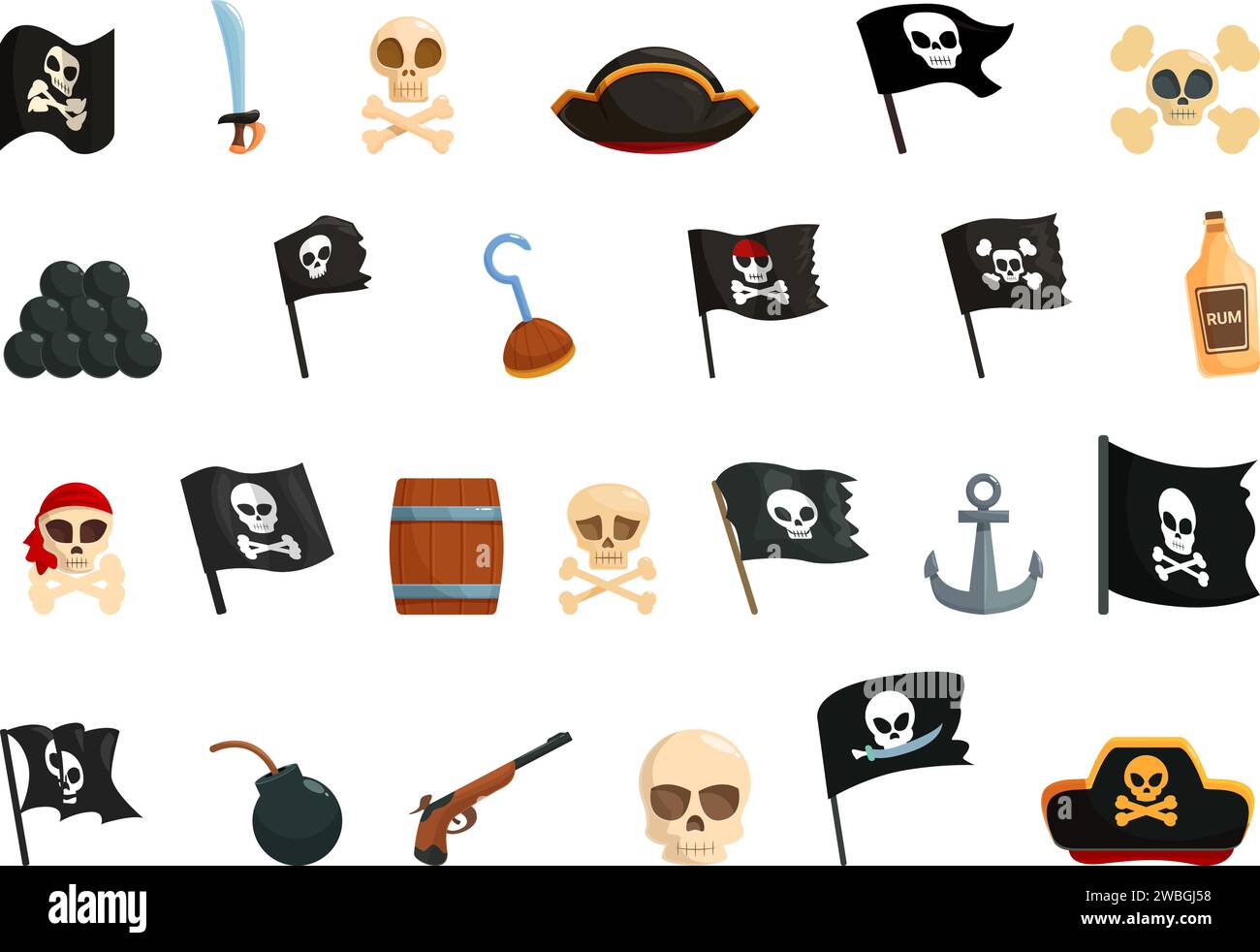 Jolly Roger Icons Set Cartoon Vector Skull Pirate Flag Cap Corsair