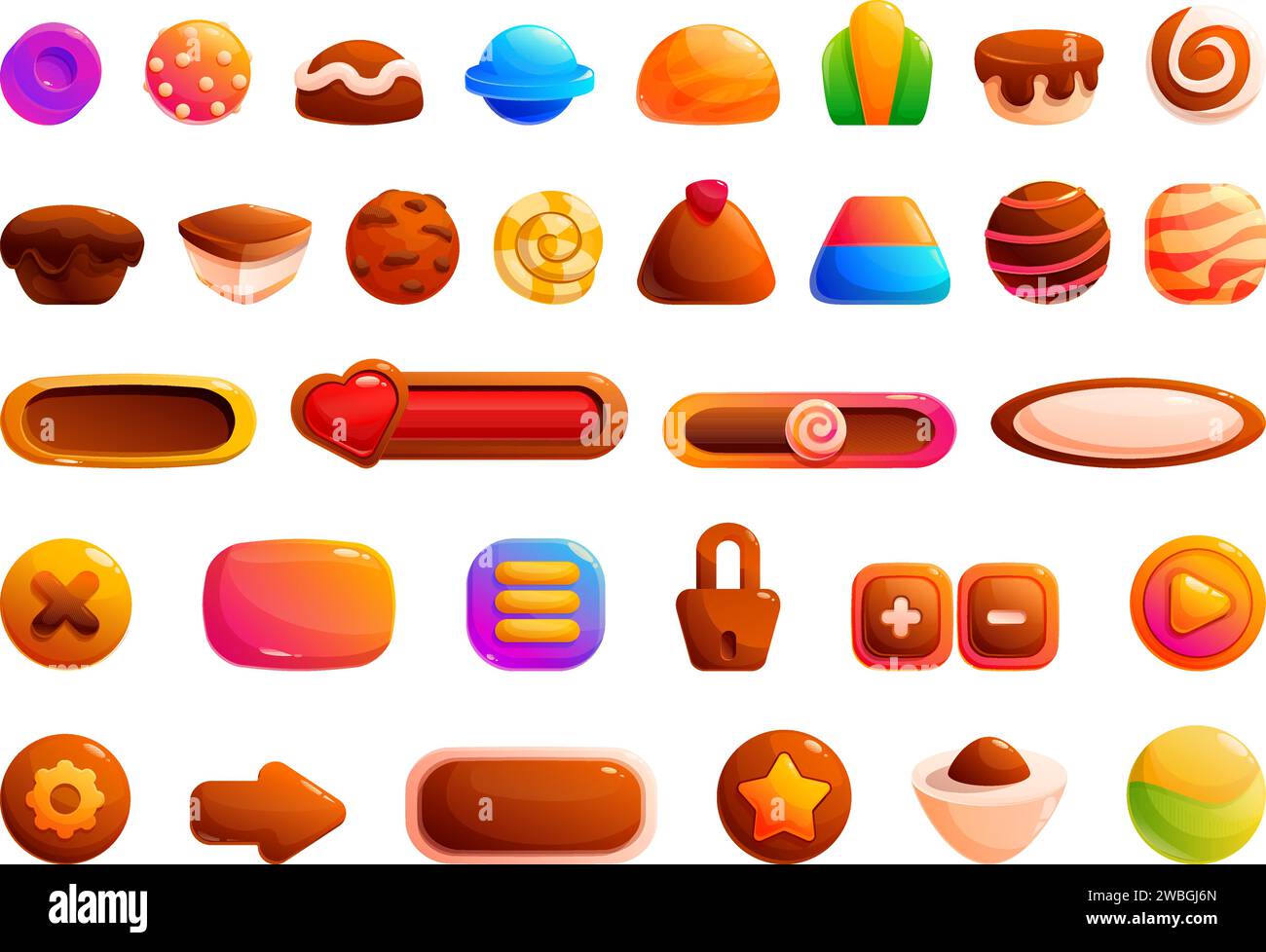 Candy game icons set cartoon vector. Sweet ball qui. Dessert food jelly ...