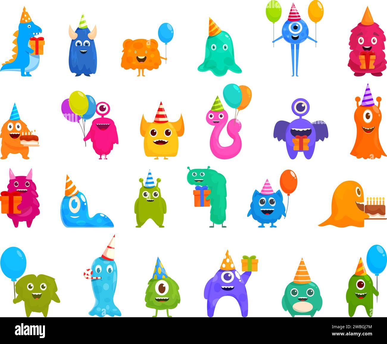 Monster birthday party icons set cartoon vector. Cupcake balloon. Toy ...