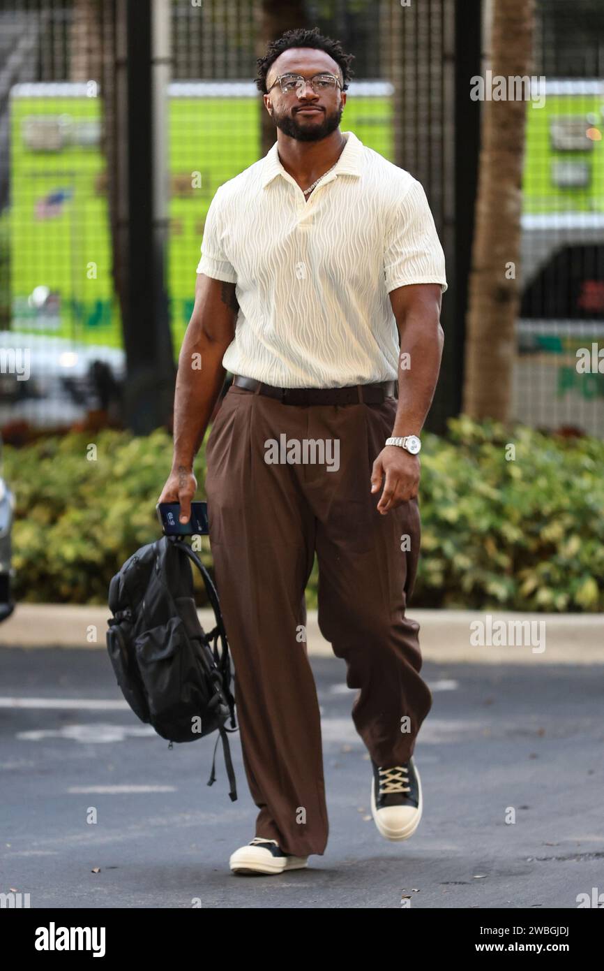 Miami Dolphins guard Austin Jackson (73) arrives at the stadium for an ...
