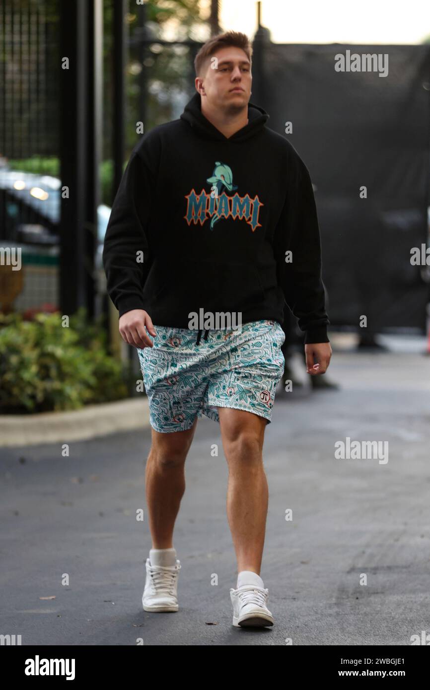 Miami Dolphins offensive tackle Ryan Hayes (76) arrives at the stadium ...