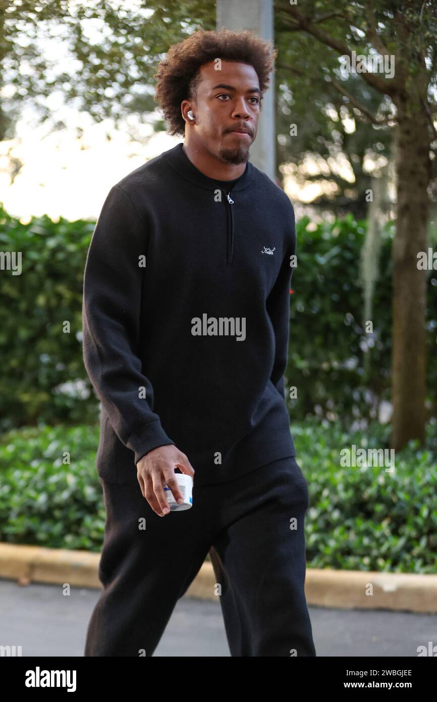 Miami Dolphins safety Jevon Holland (8) arrives at the stadium for an ...