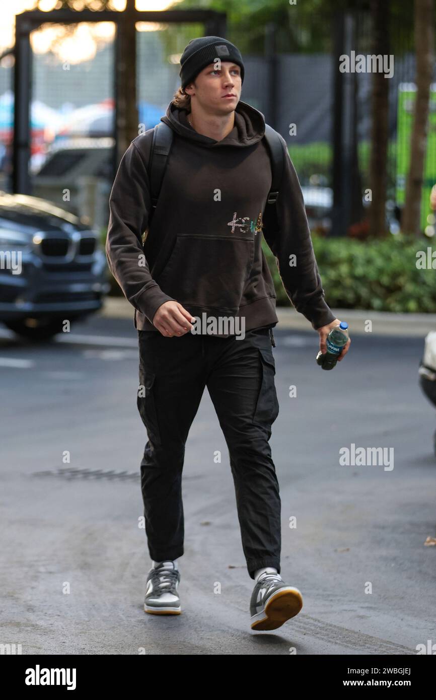 Miami Dolphins cornerback Ethan Bonner (38) arrives at the stadium for ...
