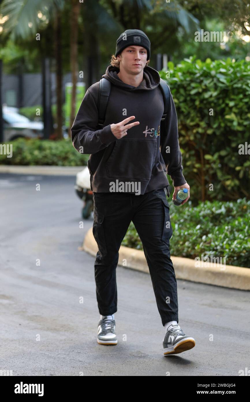Miami Dolphins cornerback Ethan Bonner (38) arrives at the stadium for ...