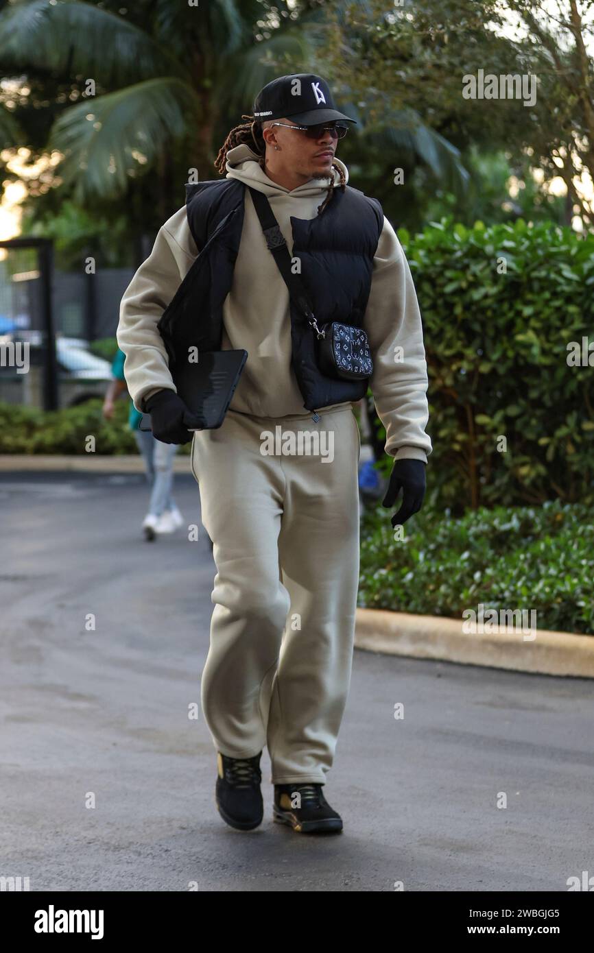Miami Dolphins wide receiver Chase Claypool (83) arrives at the stadium ...
