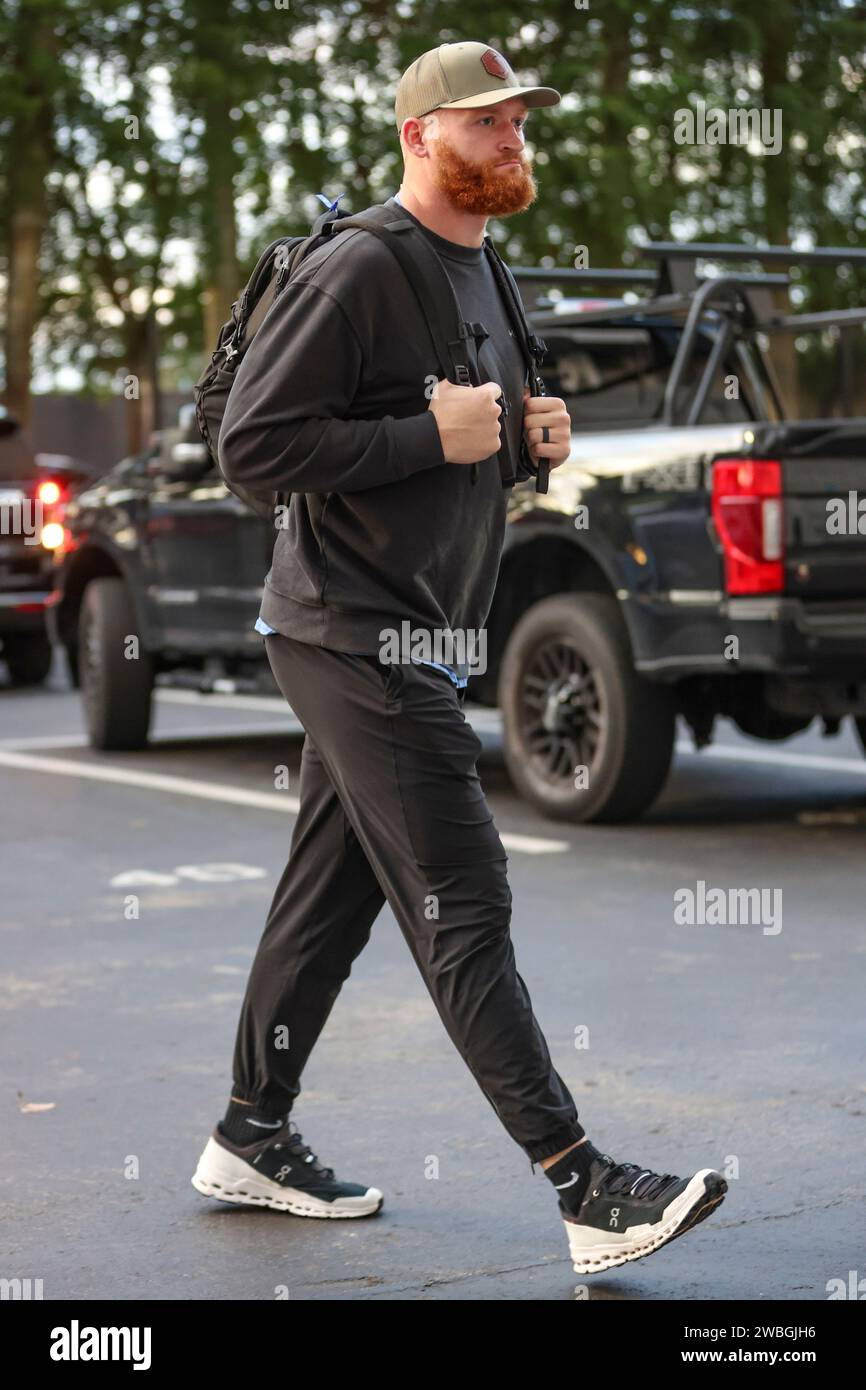 Miami Dolphins tight end Nick Bowers (88) arrives at the stadium for an ...