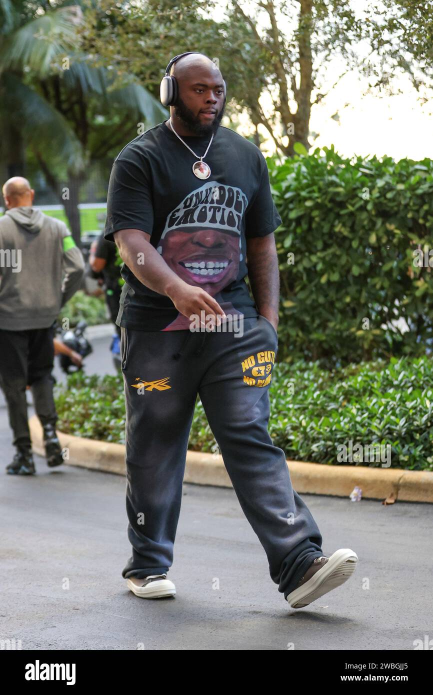 Miami Dolphins guard Robert Jones (65) arrives at the stadium for an an ...