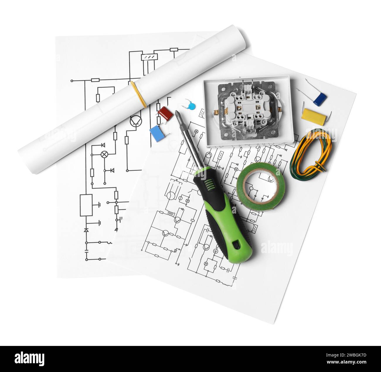 Wiring diagrams, disassembled light switch and screwdriver isolated on ...