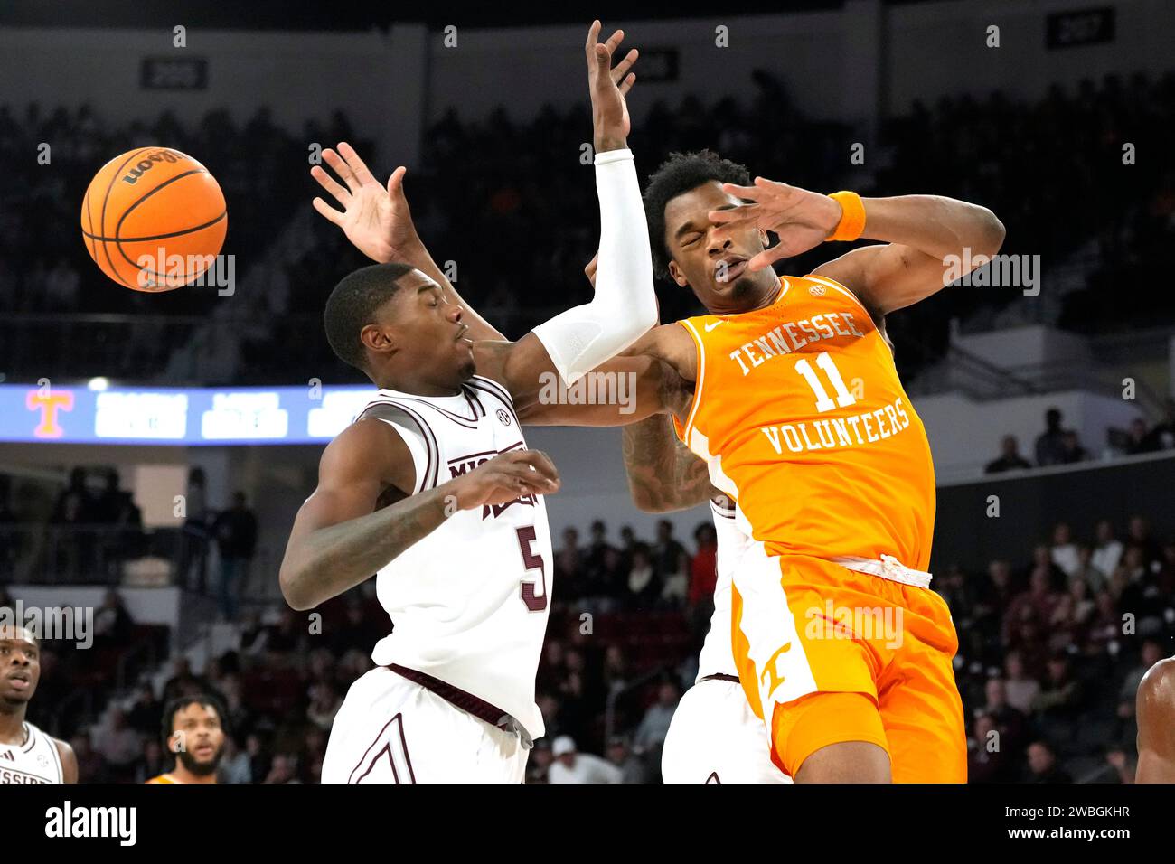 Tennessee forward Tobe Awaka (11) is fouled by Mississippi State guard ...