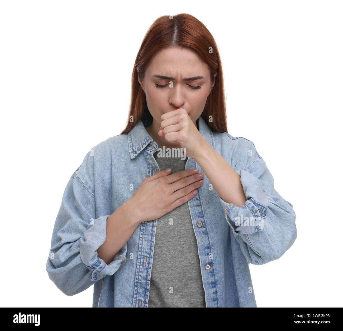 Woman coughing on white background. Cold symptoms Stock Photo - Alamy