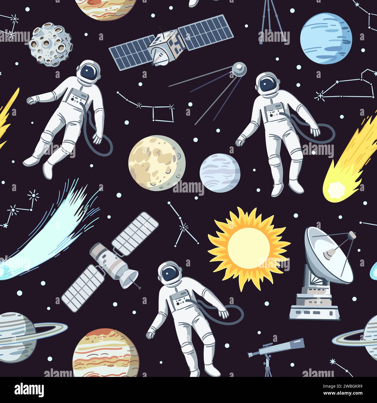 Seamless pattern with astronauts, stars, planets and satellites in ...
