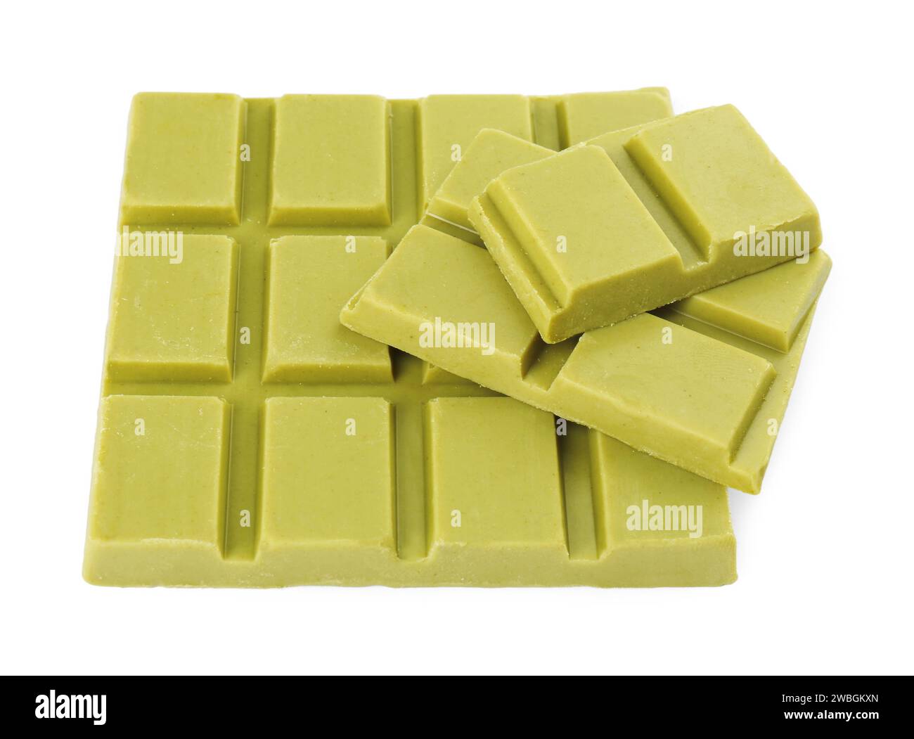 Pieces of tasty matcha chocolate bar isolated on white Stock Photo - Alamy