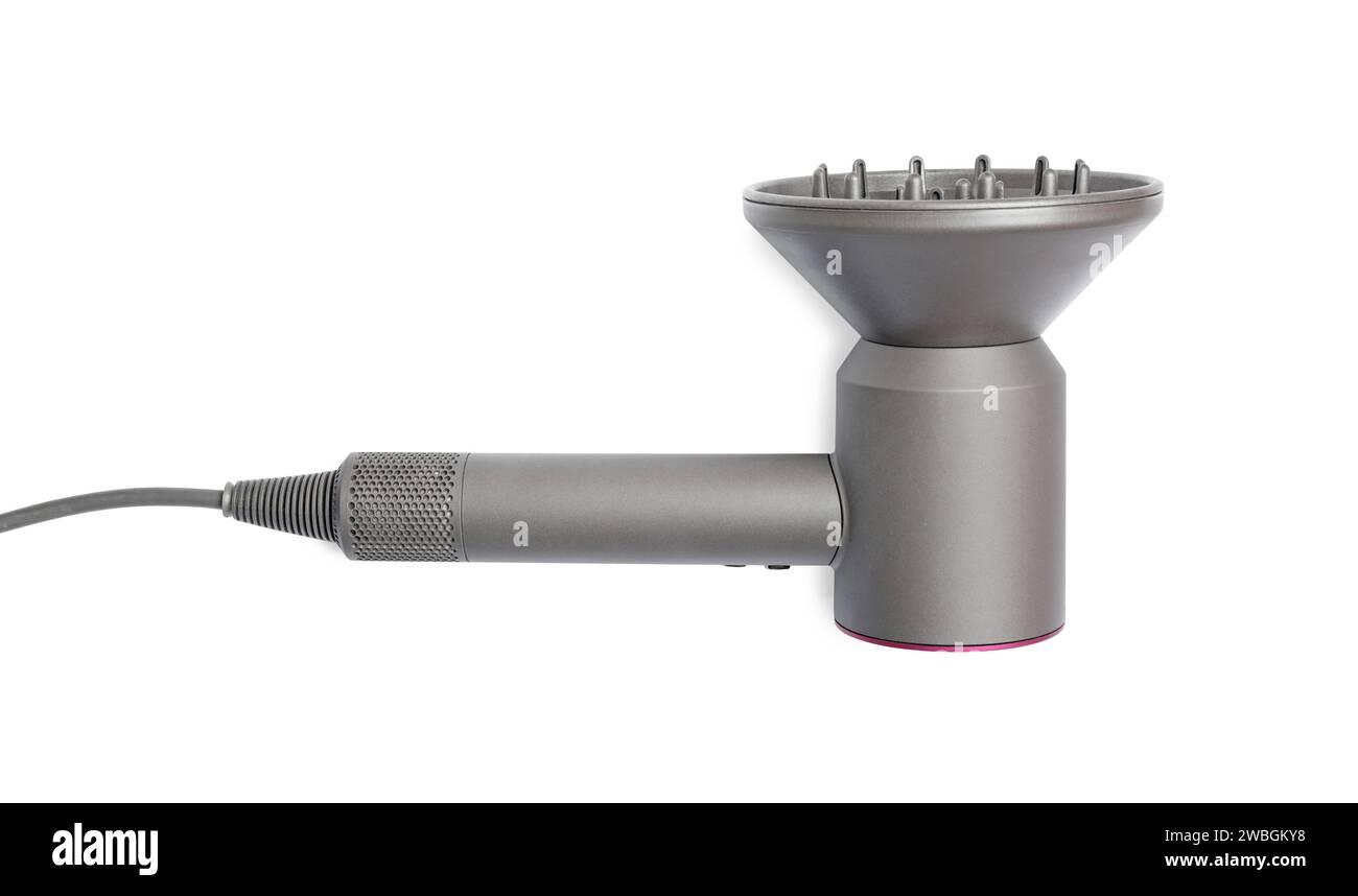 Modern hair dryer on white background, top view Stock Photo - Alamy