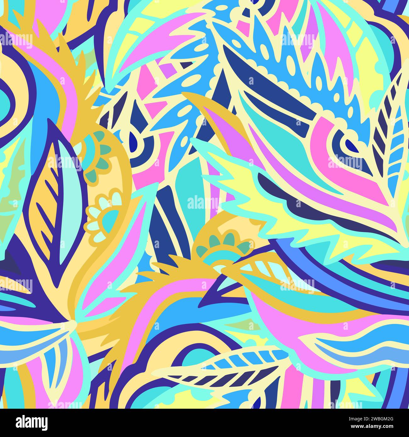 Colorful seamless pattern with chaotic floral and psychedelic abstract ...