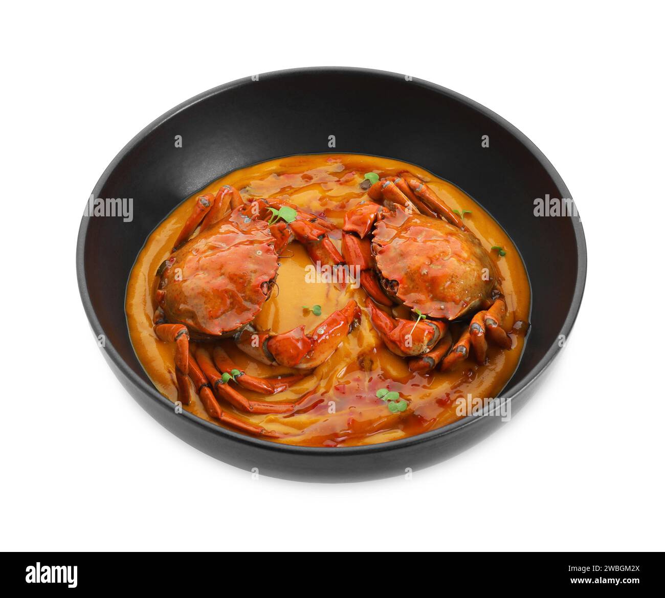 Delicious boiled crabs with sauce in bowl isolated on white Stock Photo - Alamy