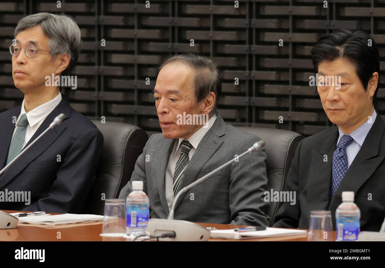 Kazuo Ueda(C), the Governor of the Bank of Japan (BOJ), attends the BOJ ...