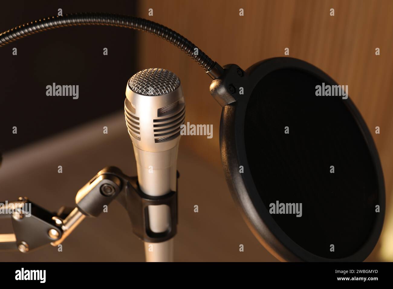 Stand with microphone and pop filter on blurred background, closeup ...