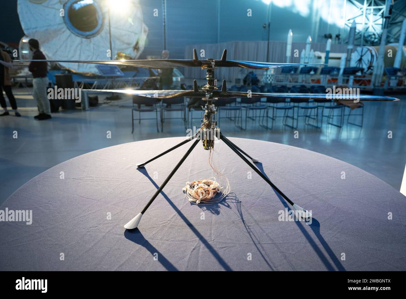 The aerial prototype of the Ingenuity Mars Helicopter is seen at the ...