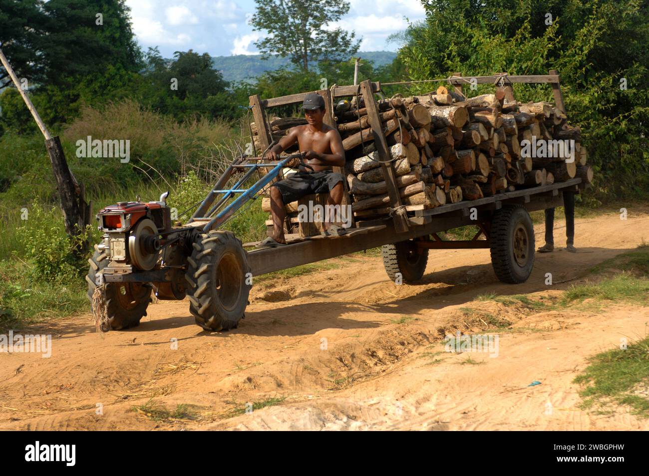 Man riding a tractor carrying logs, Beng Meala, Siem Reap, Cambodia ...