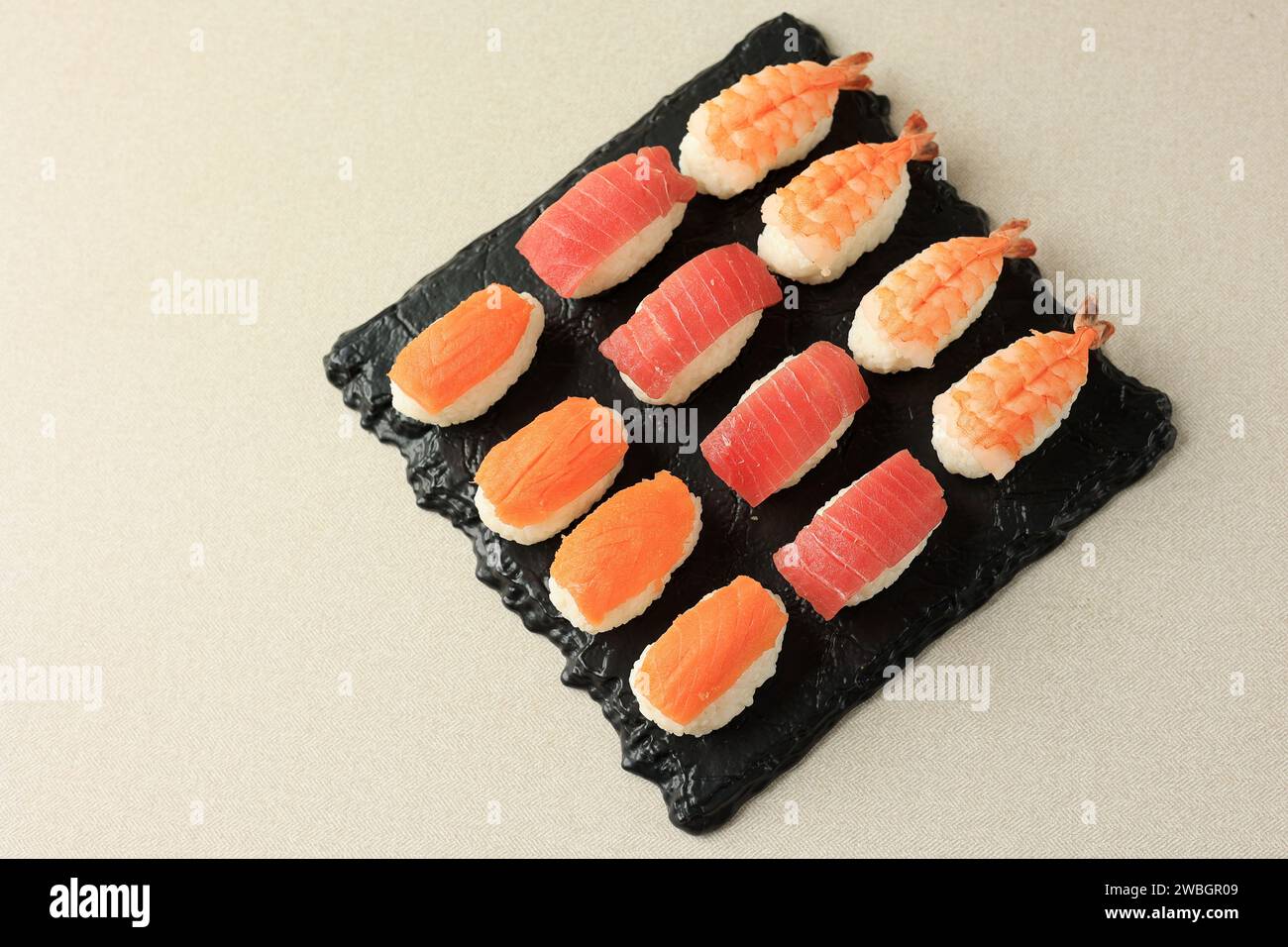 Homemade Salmon, Tuna, and Shrimp Raw Nigiri Sushi, Top View Stock ...