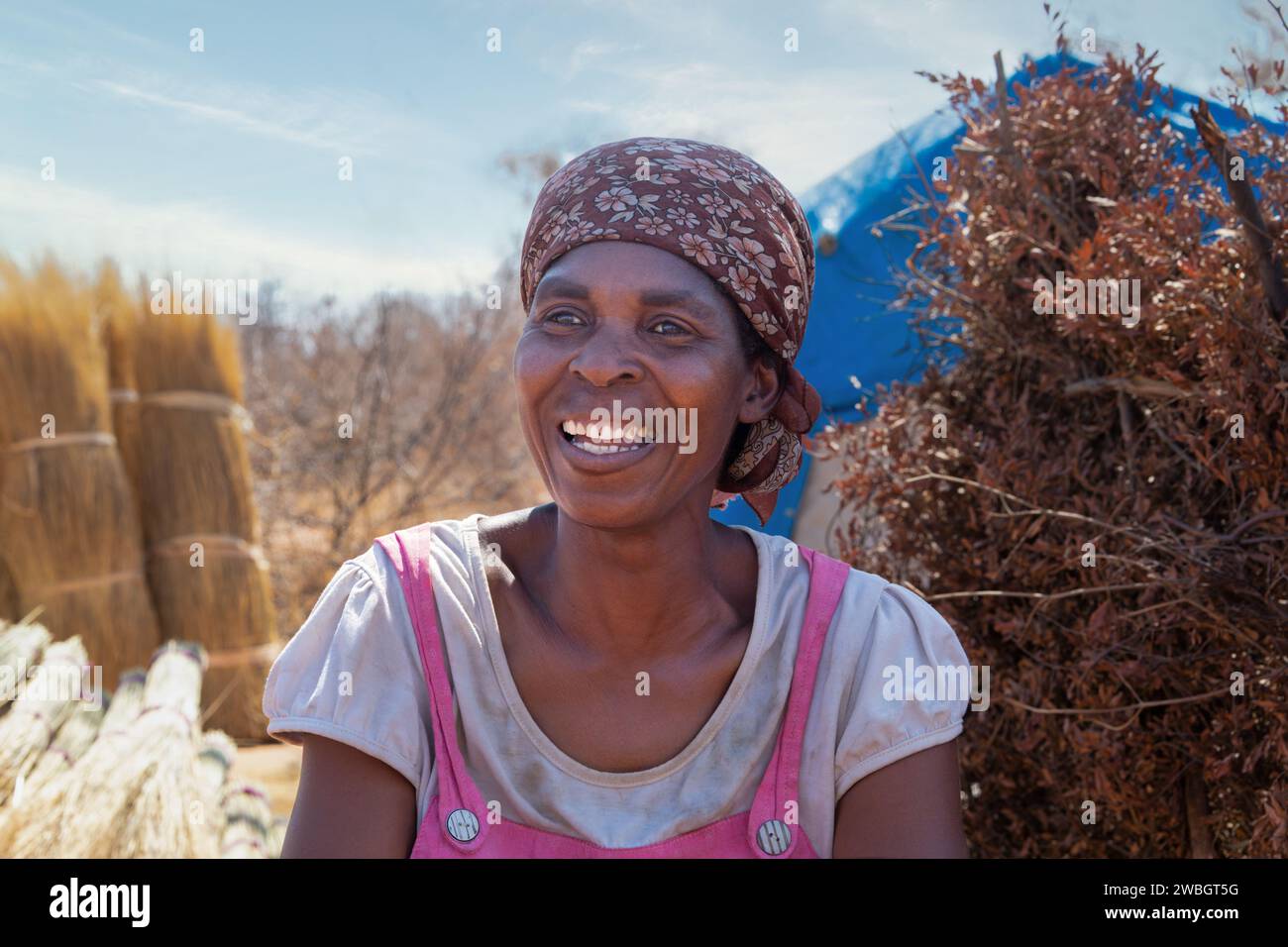 Smiling african woman in the village ,shack in the background, working ...