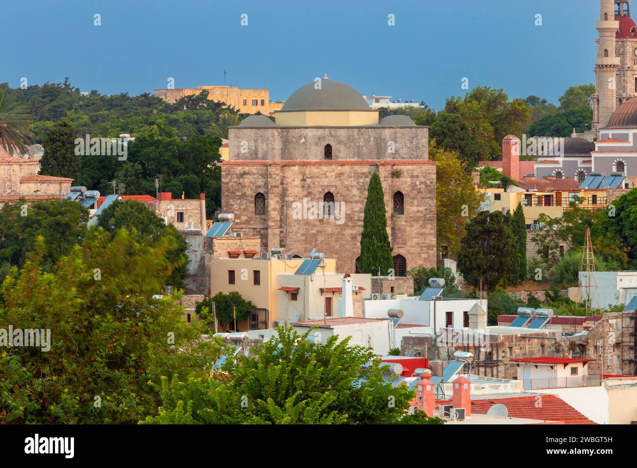 Aerial view of the historical old part of the city at sunset. Rhodes ...