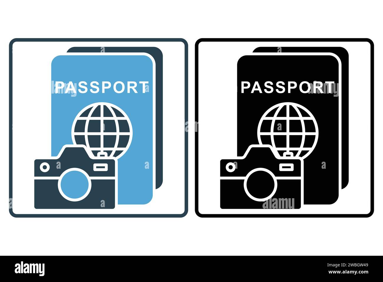 travel photography icon. camera with passport. mobile boarding pass ...