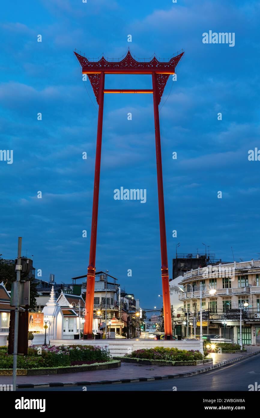 Giant Swing in Bangkok. Early morning view. City streets visible, pre ...