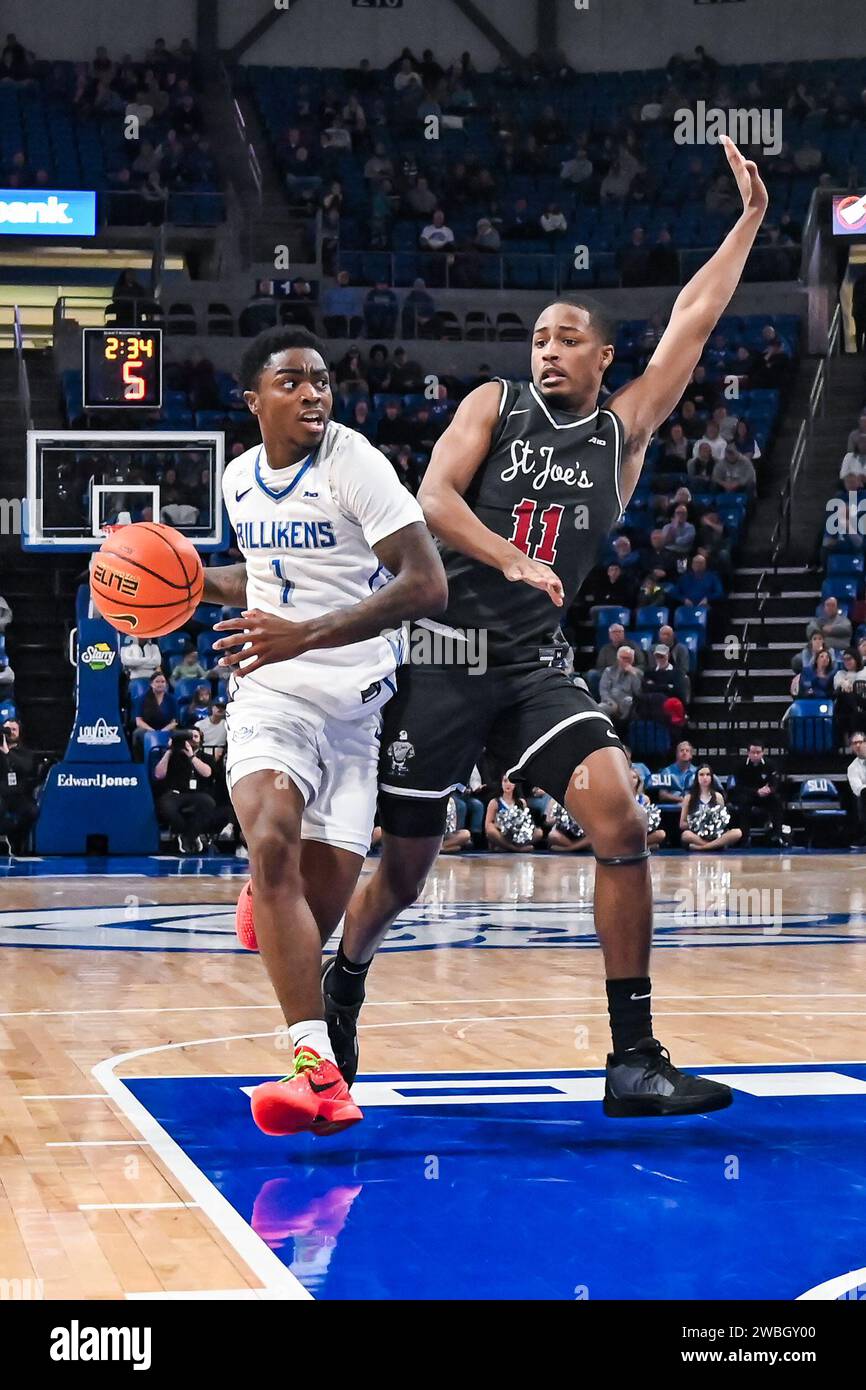 JANUARY 10, 2024: Saint Louis Billikens guard Cian Medley (1) drives the lane against the ...