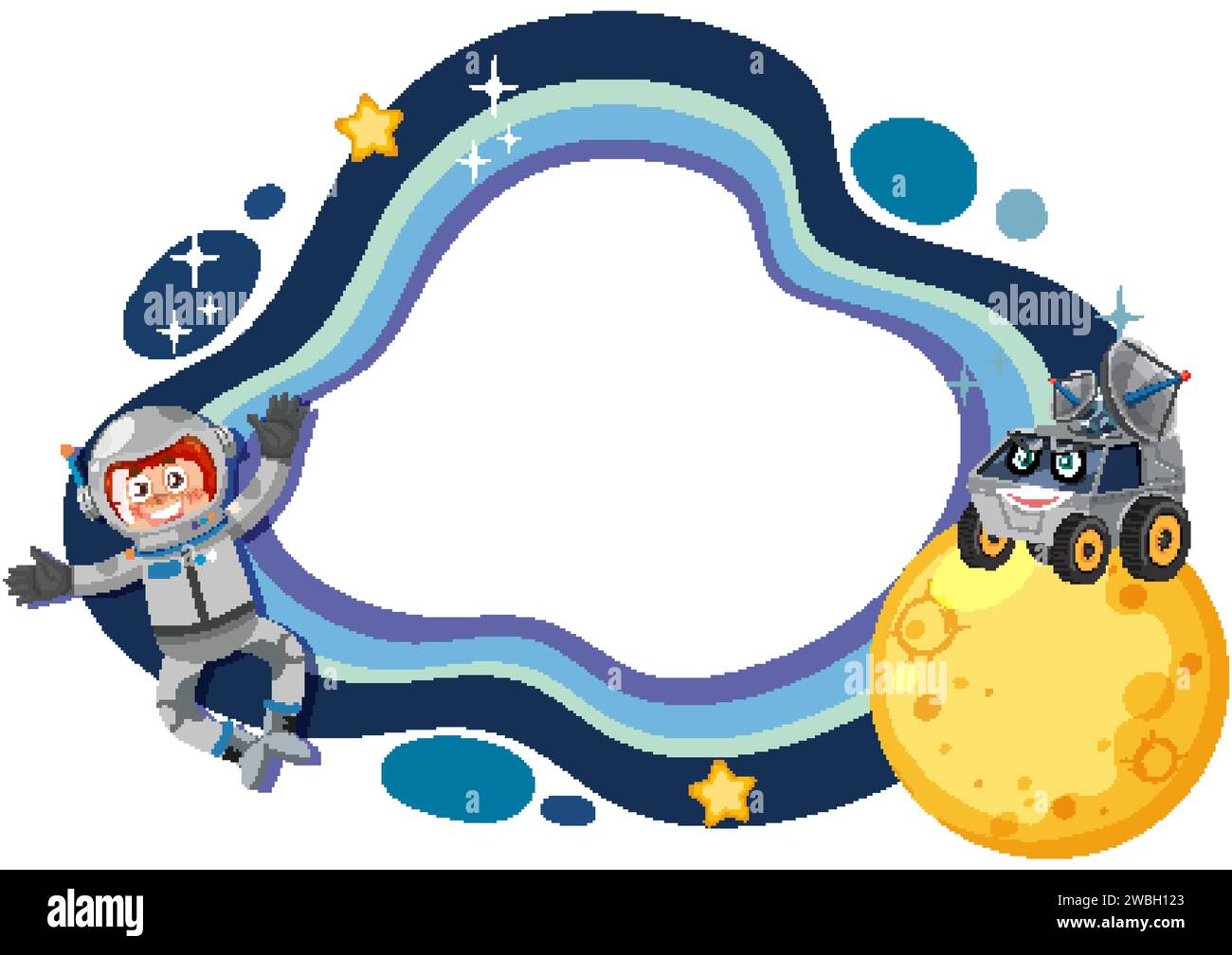 Cheerful astronaut floating near a smiling moon rover Stock Vector ...