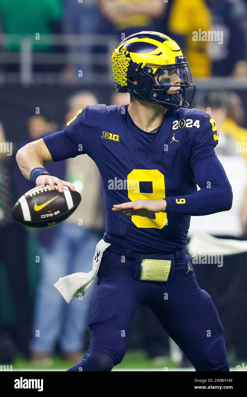 January 8, 2024: Michigan Wolverines quarterback J.J. McCarthy (9) passing the ball during the ...