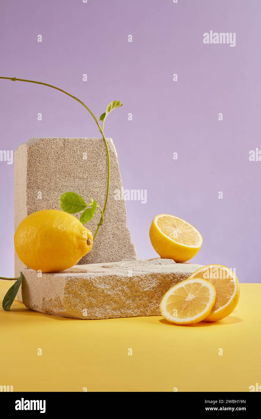 Minimalist abstract background for cosmetic presentation with lemon ...